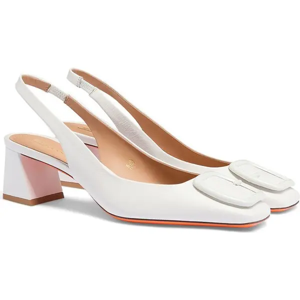 Santoni Leather Slingback With Block Heel - White