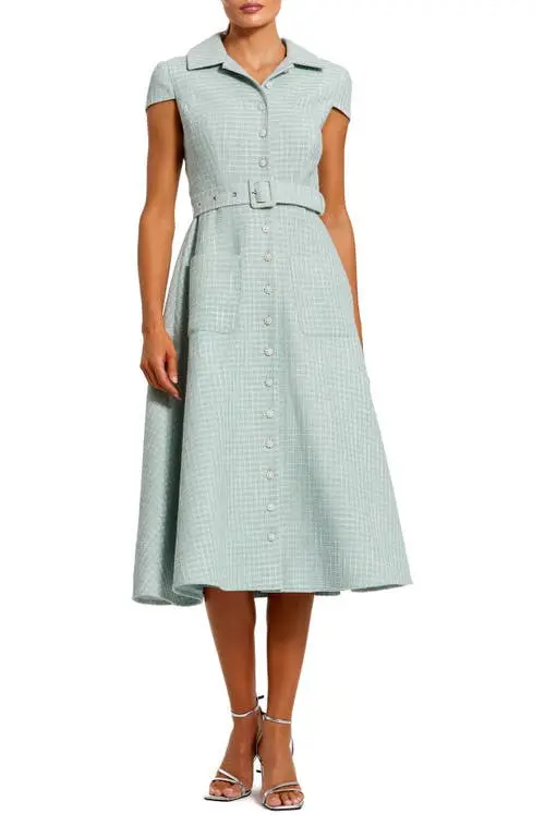 Mac Duggal Belted Boucle Cap Sleeve Button Up Midi Dress - Seafoam