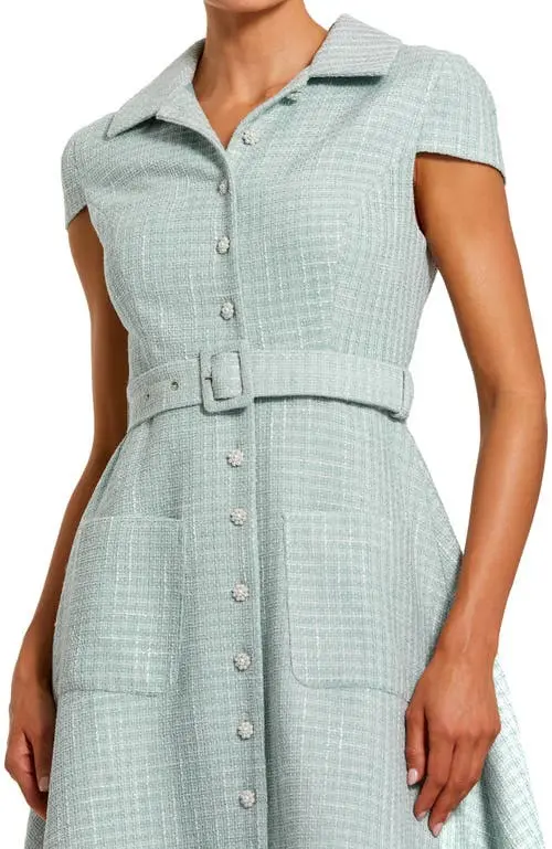 Mac Duggal Belted Boucle Cap Sleeve Midi Dress