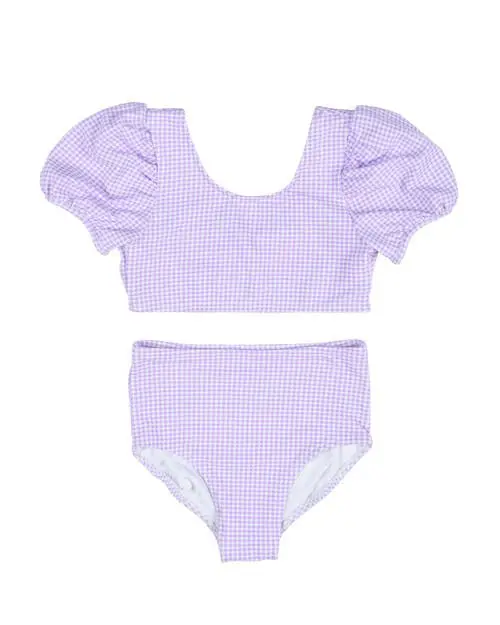 FLORENCE EISEMAN Gingham Puff Sleeve Bikini - Lavender / White