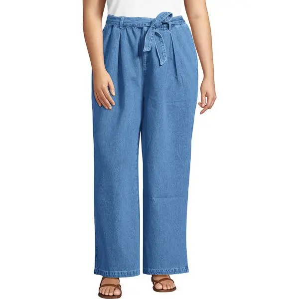 LANDS' END High Ridge Twill Pleated Wide Leg Pants - Hutton Blue Wash