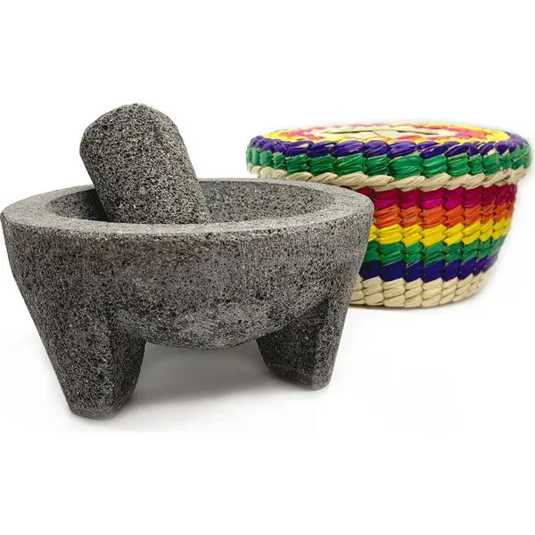 VERVE CULTURE Molcajete In Basket - Grey