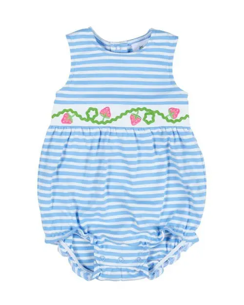FLORENCE EISEMAN Stripe Knit Romper With Appliqué Strawberries - Light Blue / White