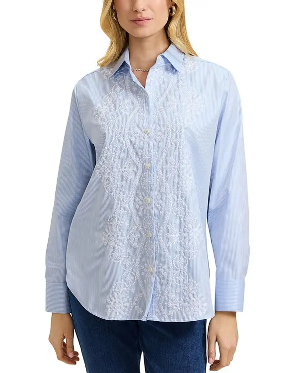 Foxcroft Meghan Long Sleeve Embroidered Shirt - Soft Blue