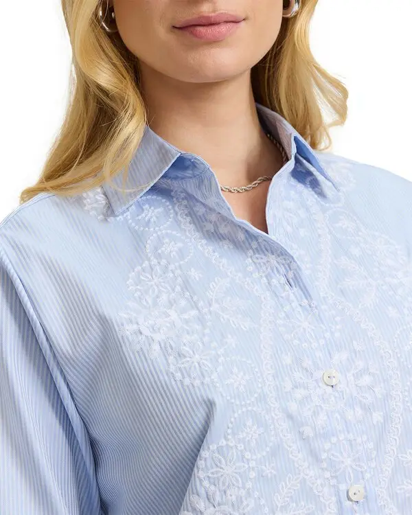 Foxcroft Meghan Long Sleeve Embroidered Shirt - Soft Blue