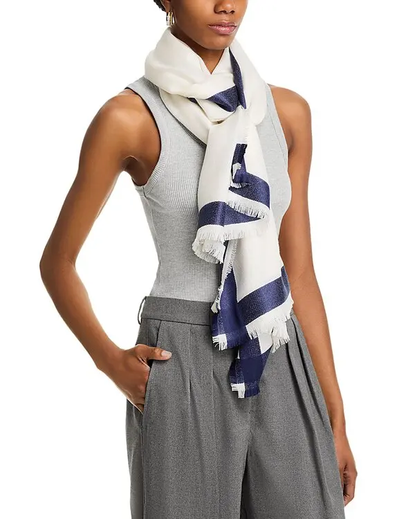 Vince Satin Border Cashmere & Silk Scarf - Navy