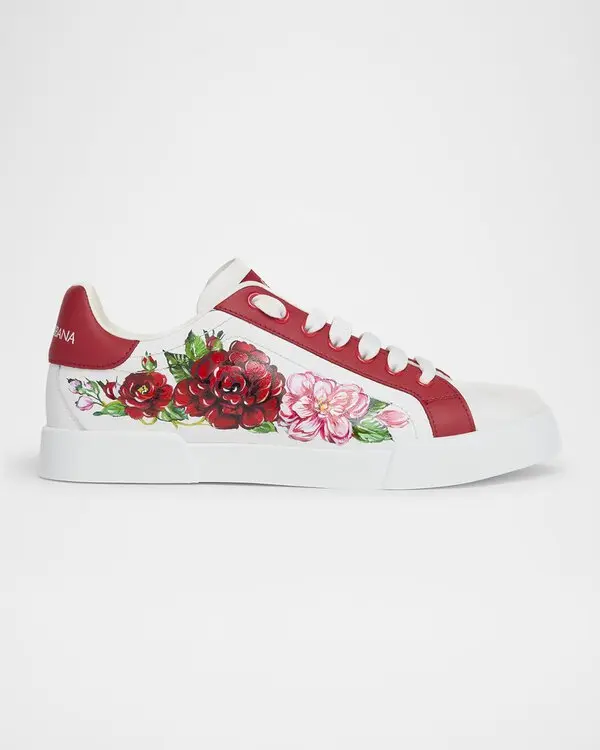Dolce & Gabbana Portofino Floral Leather Sneakers - Rose Antiche Bianco