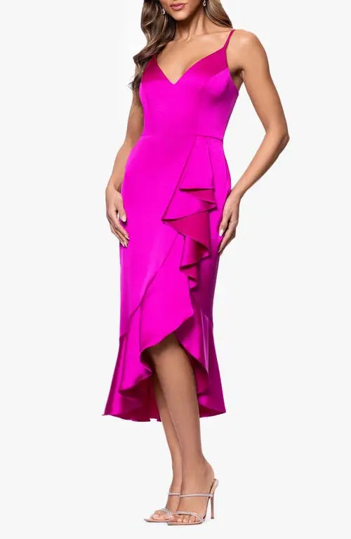 Xscape Evenings Cascade Ruffle Detail Satin Cocktail Dress In Magenta - 55%  Off | Editorialist