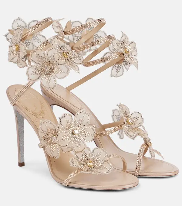 Rene Caovilla Floral-appliqué Satin Sandals - Beige