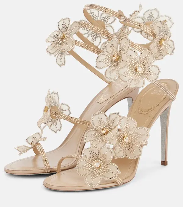 Rene Caovilla Floral-appliqué Satin Sandals - Beige