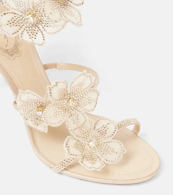 Rene Caovilla Floral-appliqué Satin Sandals - Beige