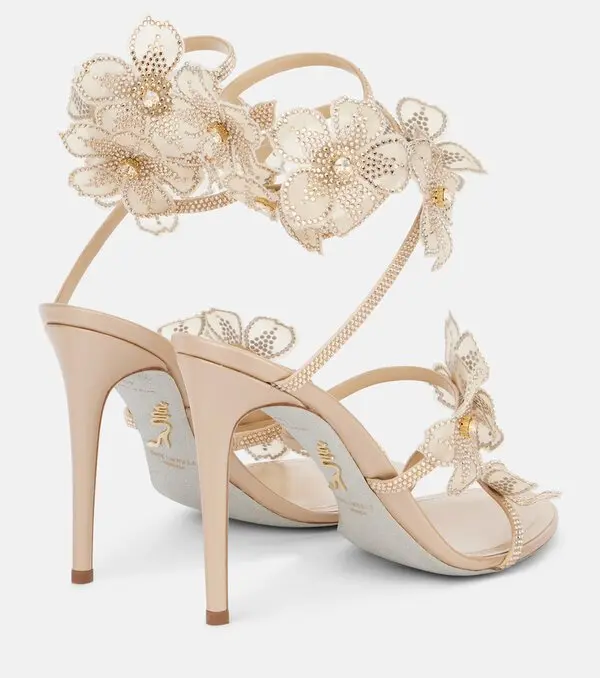 Rene Caovilla Floral-appliqué Satin Sandals - Beige