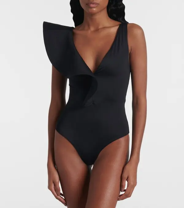 Johanna Ortiz Asymmetric Ruffled Swimsuit - Black