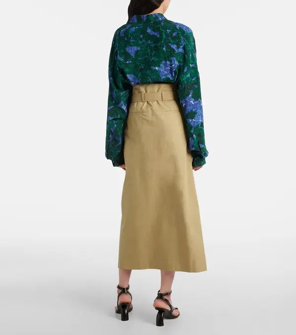 Dries Van Noten Belted Pleated Cotton Midi Skirt