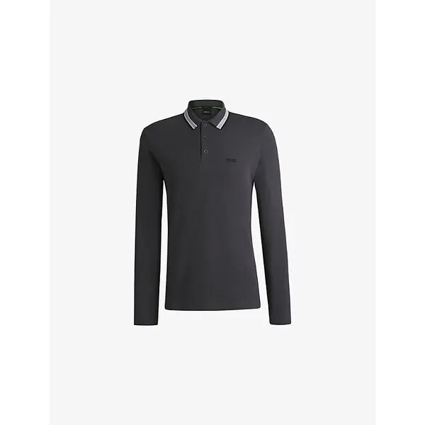 BOSS Logo-embroidered Long-sleeved Cotton Polo Shirt Xxl - Dark Grey
