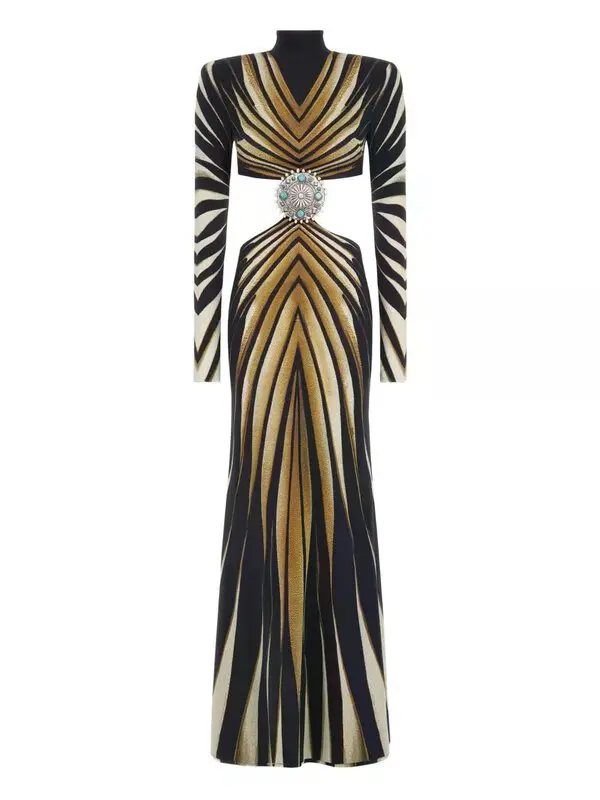 Roberto Cavalli Cut-Out Knit Dress with Ray of Gold Print - Women Luxury Dresses Gold 48