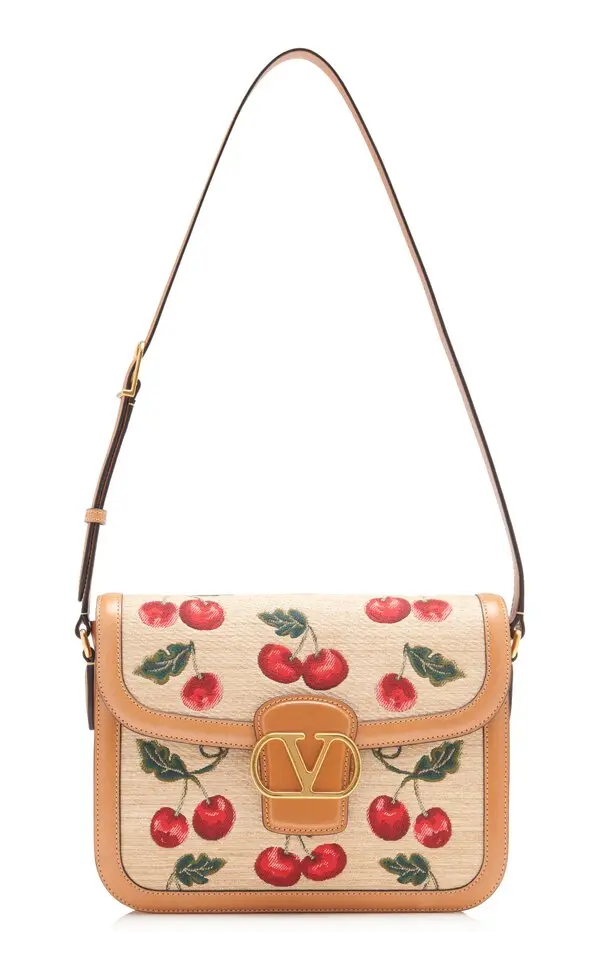 Valentino Garavani Cherry-detailed Raffia And Leather Shoulder Bag - Multi