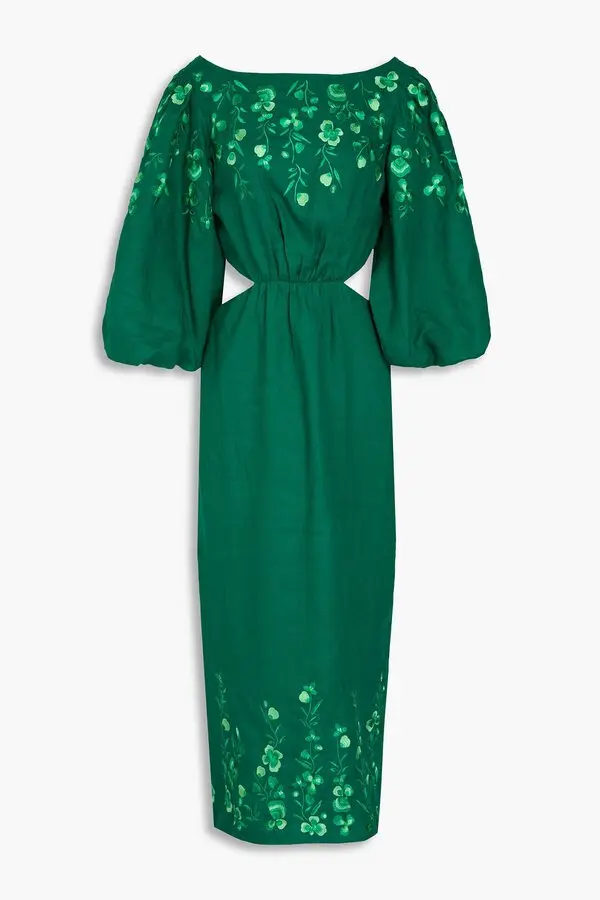 Saloni Neela Cutout Embroidered Linen Midi Dress - Green