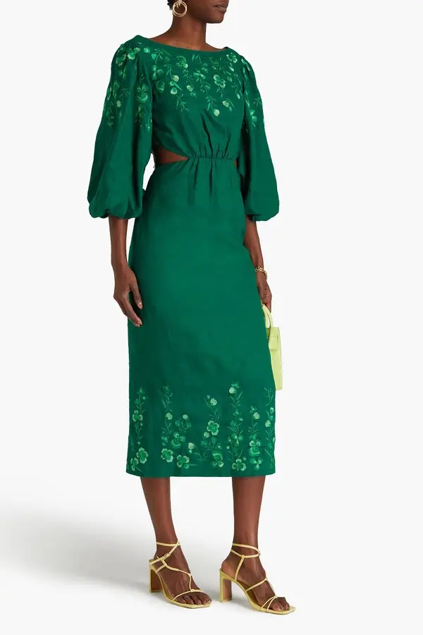 Saloni Neela Cutout Embroidered Linen Midi Dress