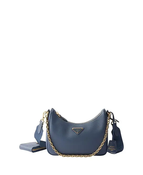 Prada Re-edition 2005 Saffiano Leather Bag With Chain And Woven Strap - Blue