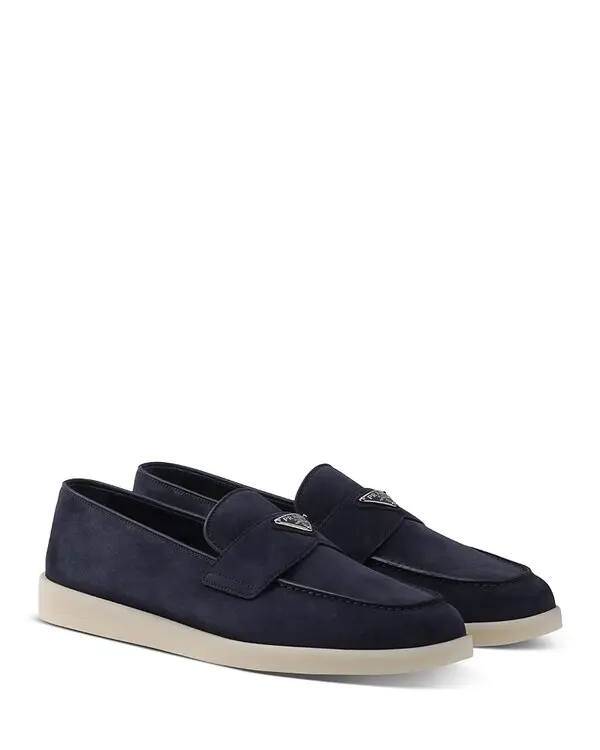 Prada Suede Loafers With Metal Triangle Detail - Navy
