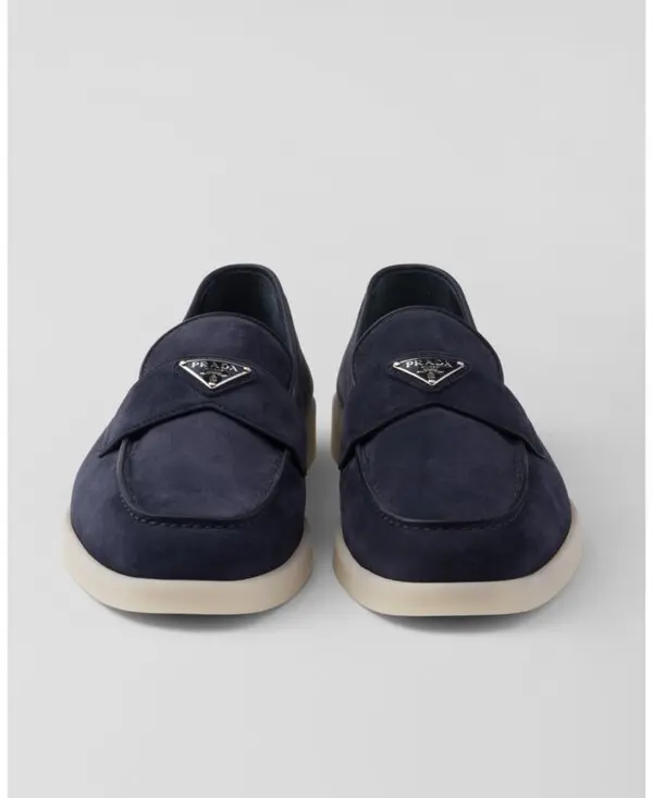 Prada Suede Loafers With Metal Triangle Detail - Navy