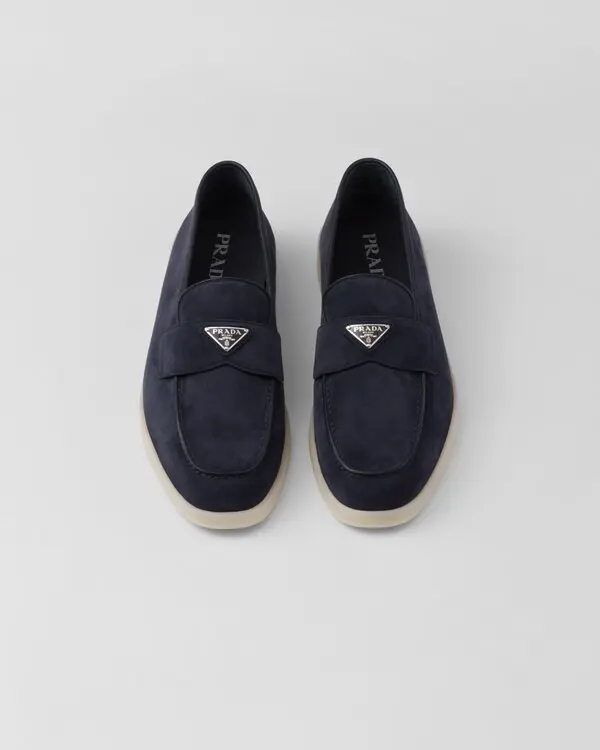 Prada Suede Loafers With Metal Triangle Detail - Navy