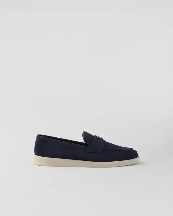 Prada Suede Loafers With Metal Triangle Detail - Navy
