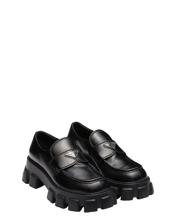 Prada Brushed Leather Monolith Loafers - Black | Editorialist
