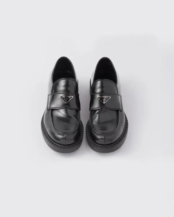 Prada Chocolate Brushed Leather Loafers With Triangle Logo - Black