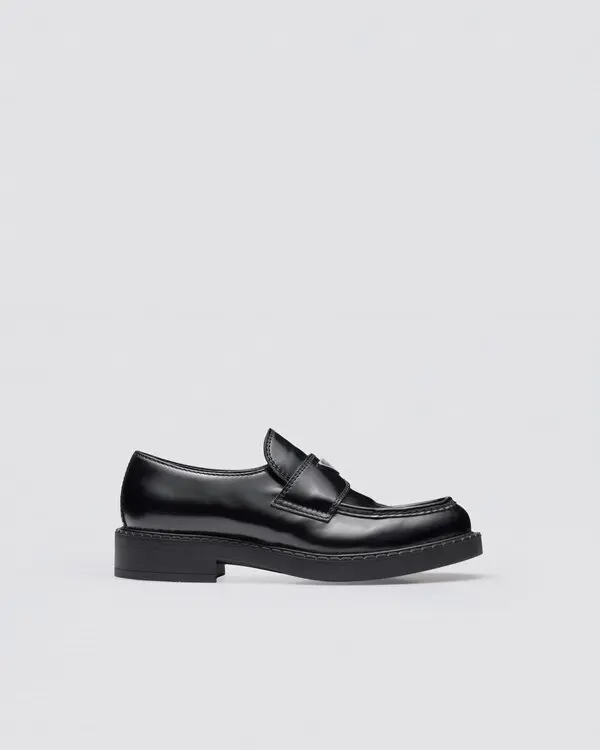 Prada Chocolate Brushed Leather Loafers With Triangle Logo - Black