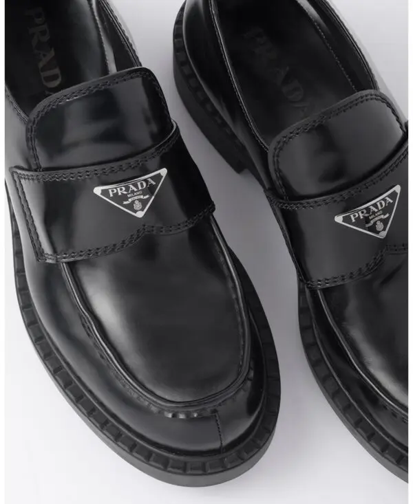 Prada Chocolate Brushed Leather Loafers With Triangle Logo - Black