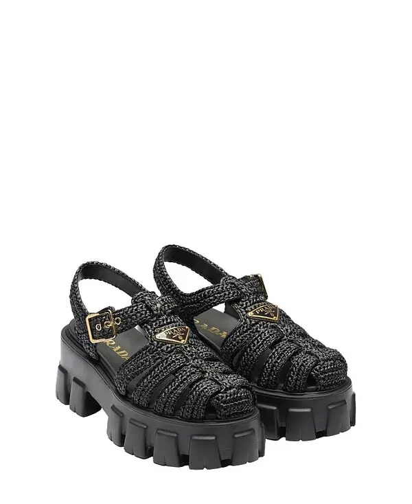 Prada Monolith Crochet Cage Sandals - Black