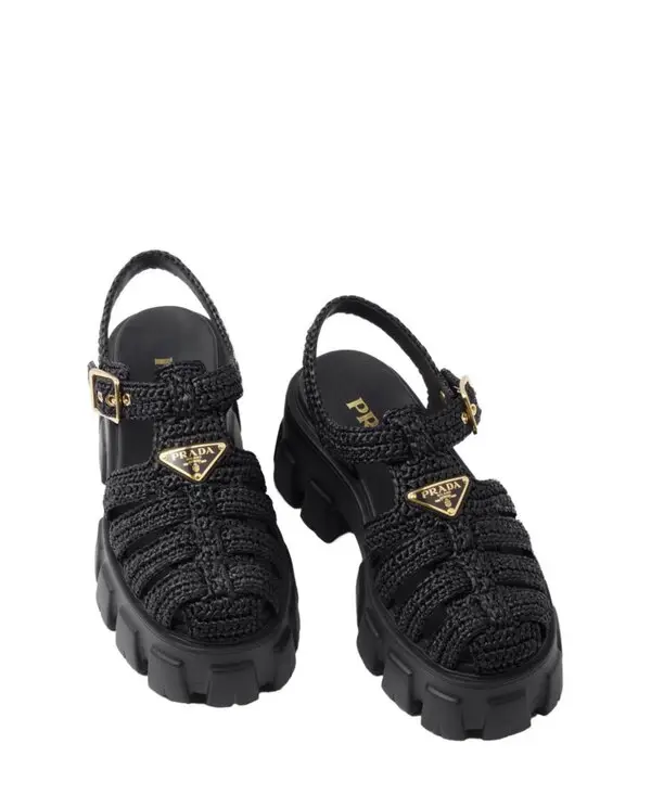 Prada Monolith Crochet Cage Sandals - Black