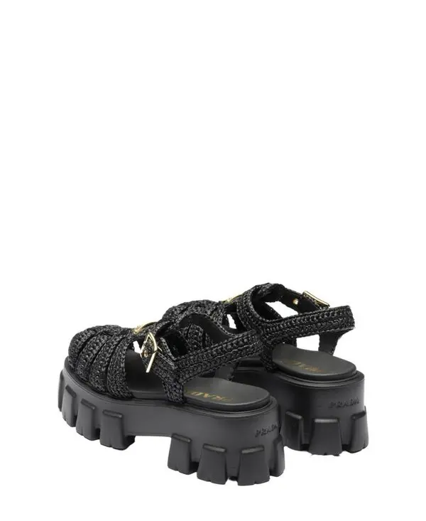 Prada Monolith Crochet Cage Sandals - Black