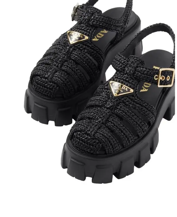 Prada Monolith Crochet Cage Sandals - Black