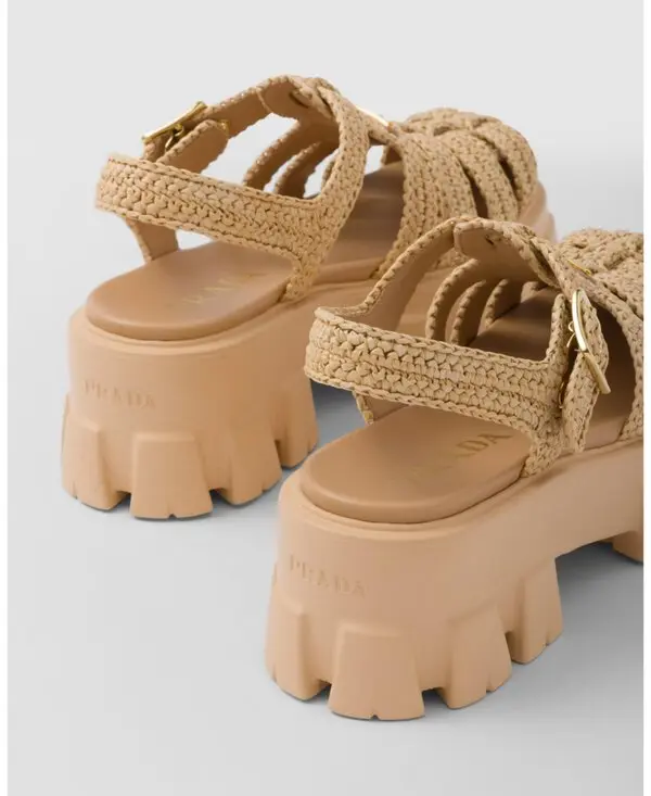 Prada Monolith Crochet Cage Sandals - Natural