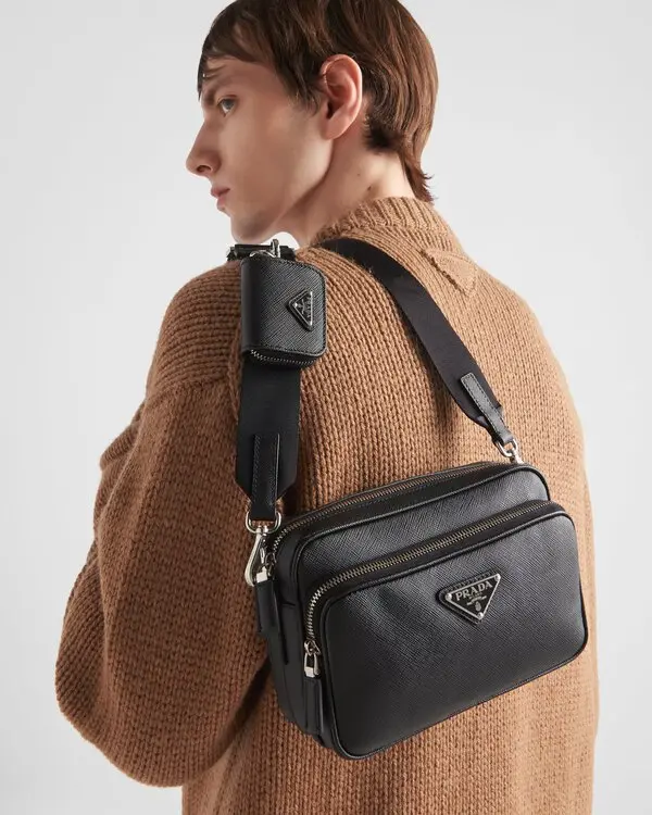 Prada Saffiano Leather Shoulder Bag With Removable Pouch - Black