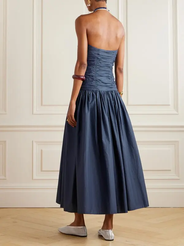Matteau Strapless Ruched Organic Cotton-poplin Midi Dress - Blue