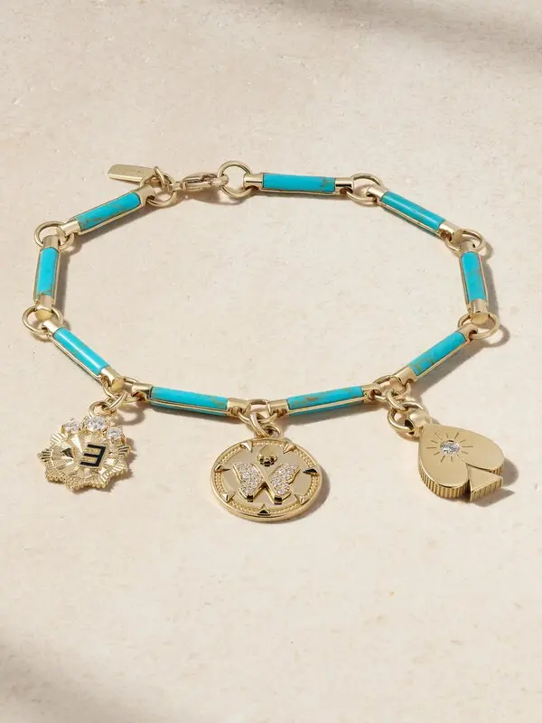 FOUNDRAE Reverie, New Beginnings & Spade Element 18-karat Turquoise And Diamond Chain Bracelet - Gold