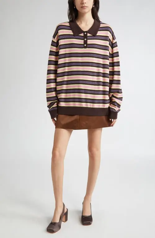Sandy Liang Woods Stripe Merino Wool Polo Sweater In Brown 65