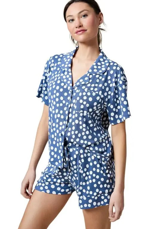 SOFTIES Soft Sleep Caftan Top And Short Pajama Set - Indigo Dot