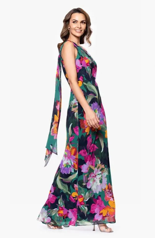 XSCAPE EVENINGS Floral One-shoulder Chiffon Gown