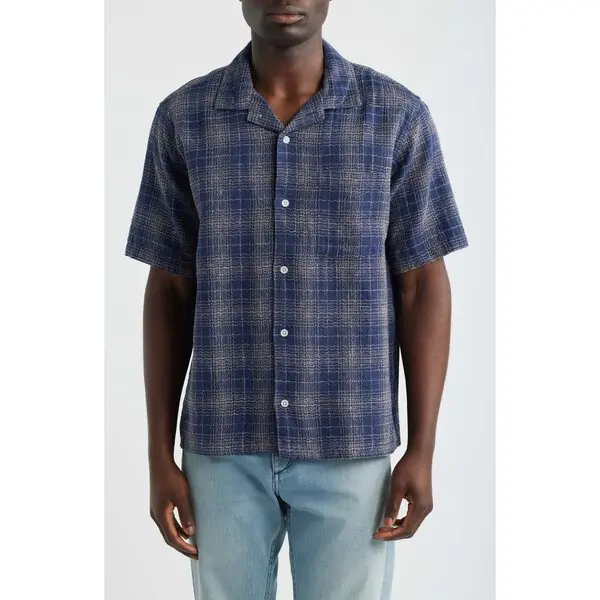 CORRIDOR Wavy Plaid Short Sleeve Cotton & Linen Camp Shirt