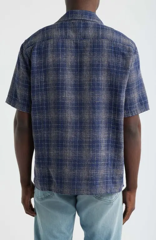 CORRIDOR Wavy Plaid Short Sleeve Cotton & Linen Camp Shirt