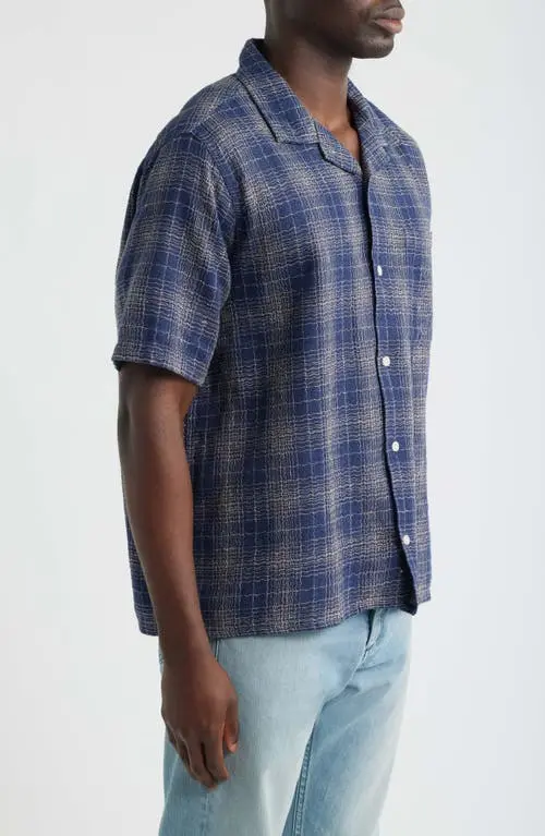 CORRIDOR Wavy Plaid Short Sleeve Cotton & Linen Camp Shirt