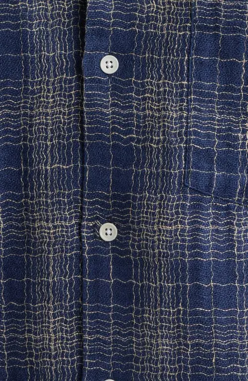 CORRIDOR Wavy Plaid Short Sleeve Cotton & Linen Camp Shirt