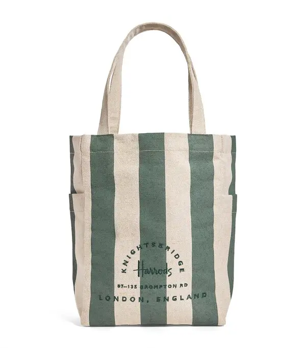 Harrods Jute Striped Shopper Tote Bag With Logo - Green