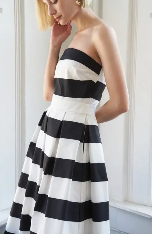Freemarket Stripe Fit & Flare Midi Dress - White/Black | Editorialist