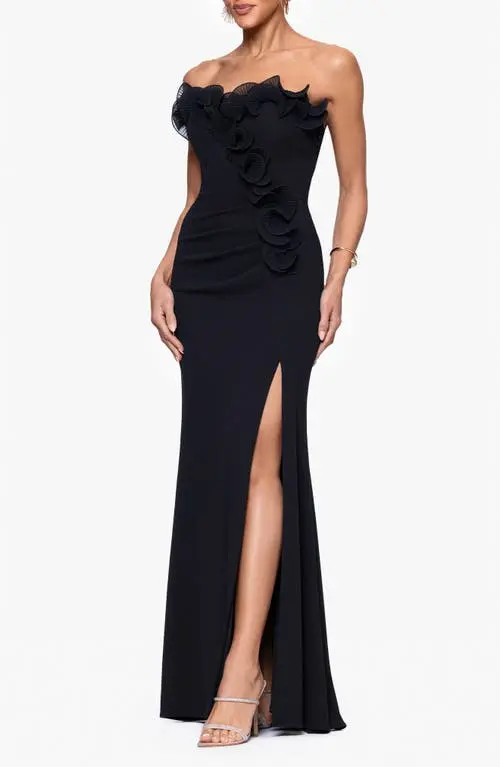 XSCAPE EVENINGS Ruffle Detail Strapless Scuba Crepe Sheath Gown